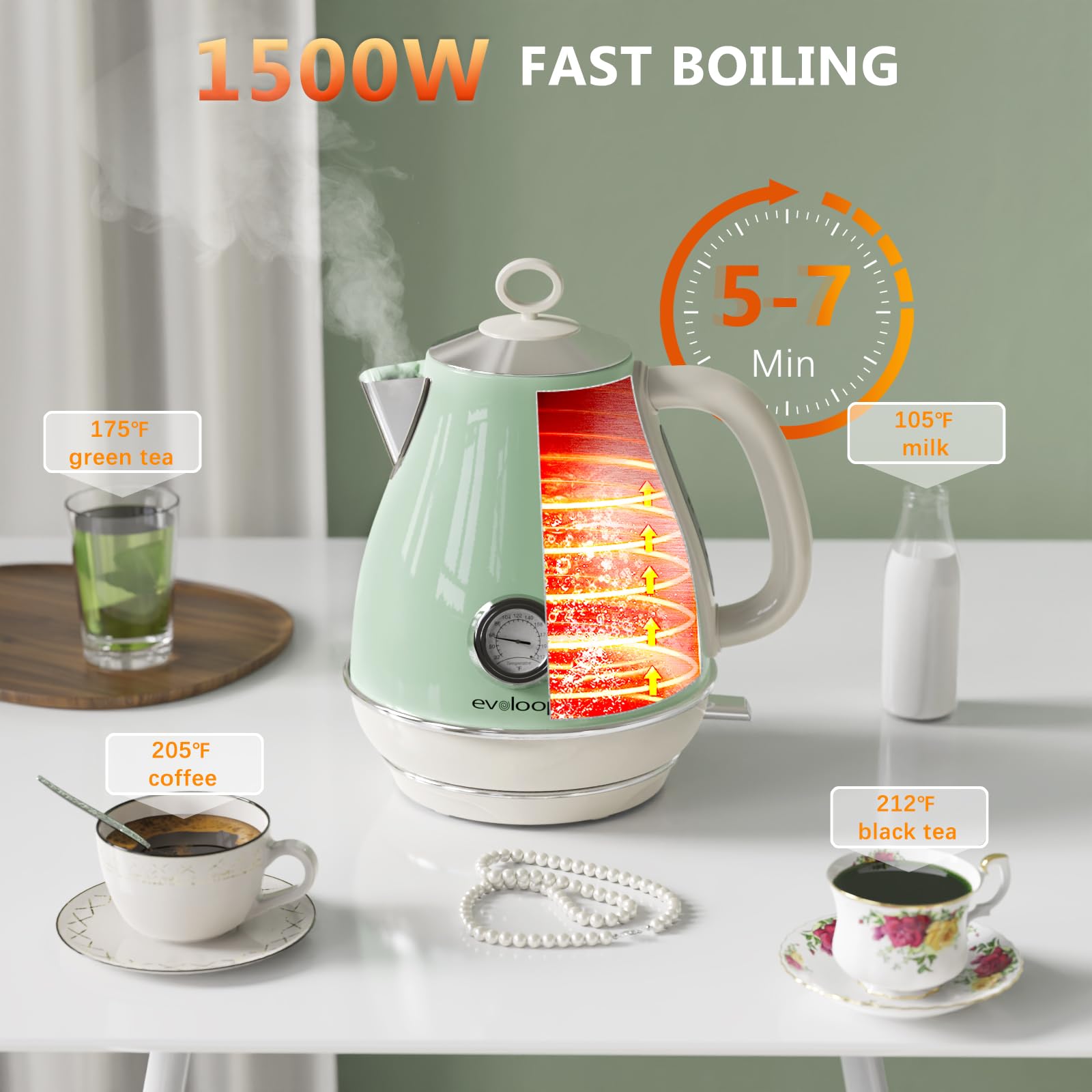Snapklik.com : Evoloop Electric Tea Kettle, 1500W /1.7 Liter Hot Water ...
