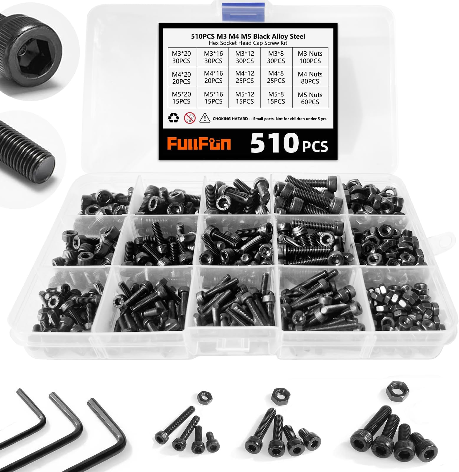 FullFun 510PCS M3 M4 M5 Hex Socket Head Cap Screw Bolts Nuts Assortment ...