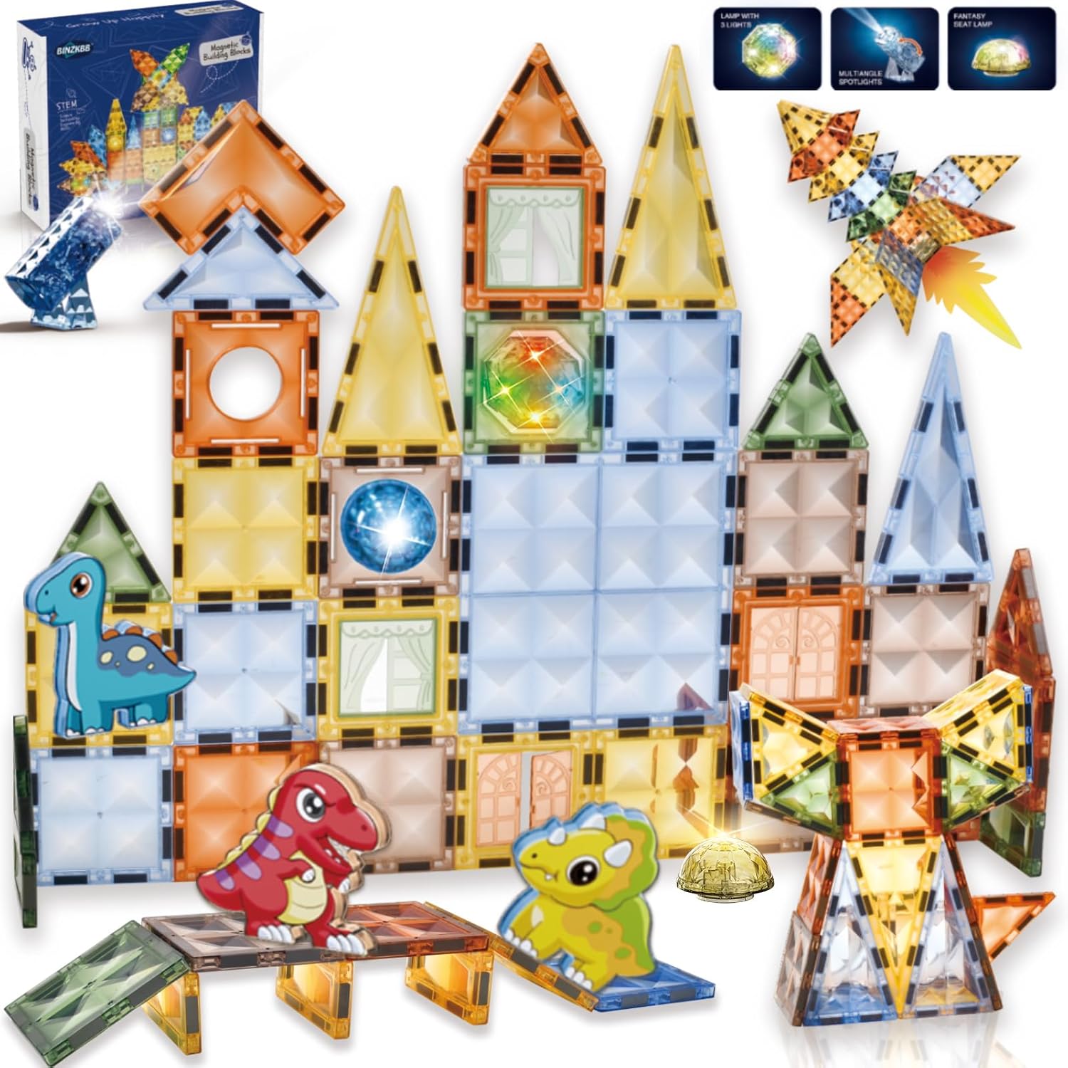 Amazon.com: BINZKBB Magnetic Tiles Building Blocks,Lighted 3D Clear ...