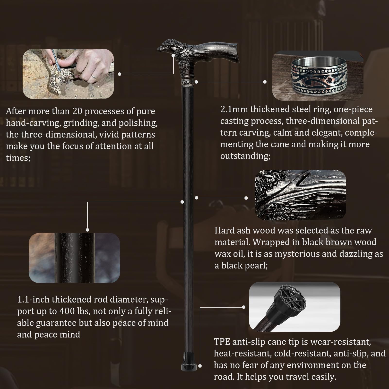 Snapklik.com : Uoagain Hand Carved Wooden Walking Cane USA Made Eagle ...