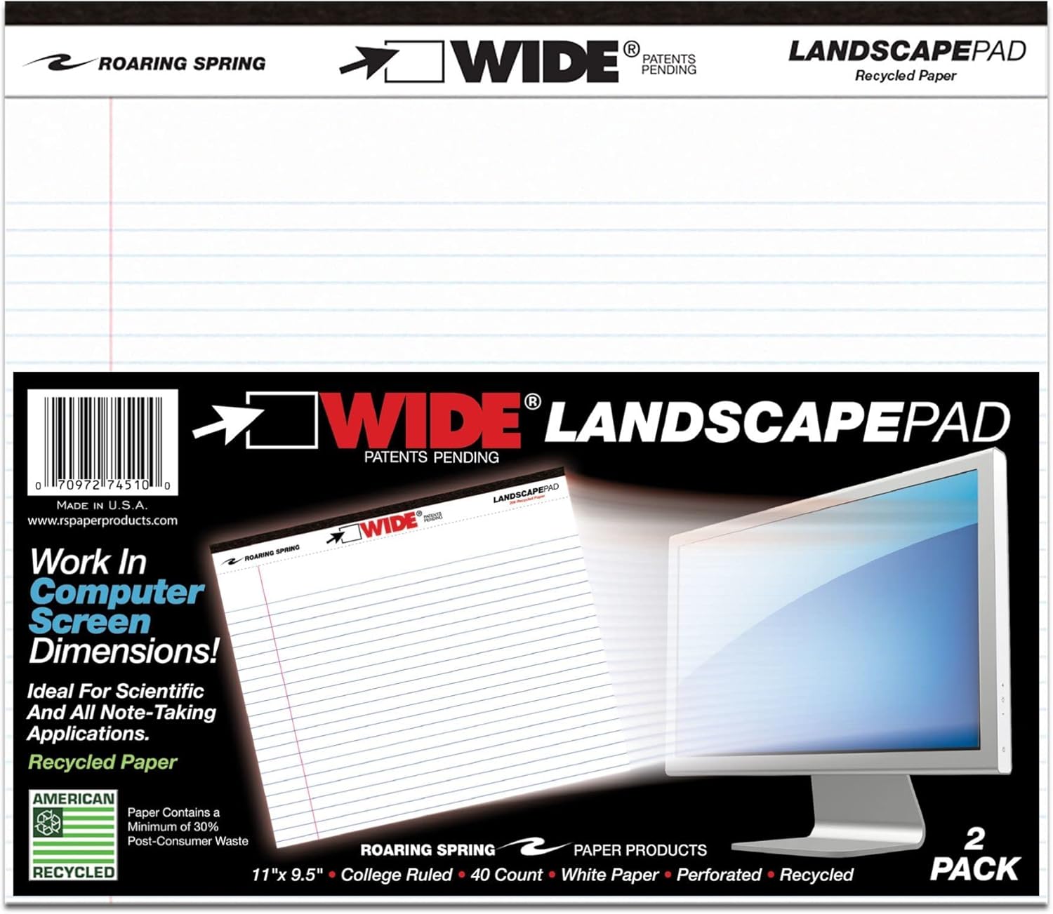 Roaring Spring Wide Landscape Pad, 11" x 9.5", 40 Lined Sheets, White ...