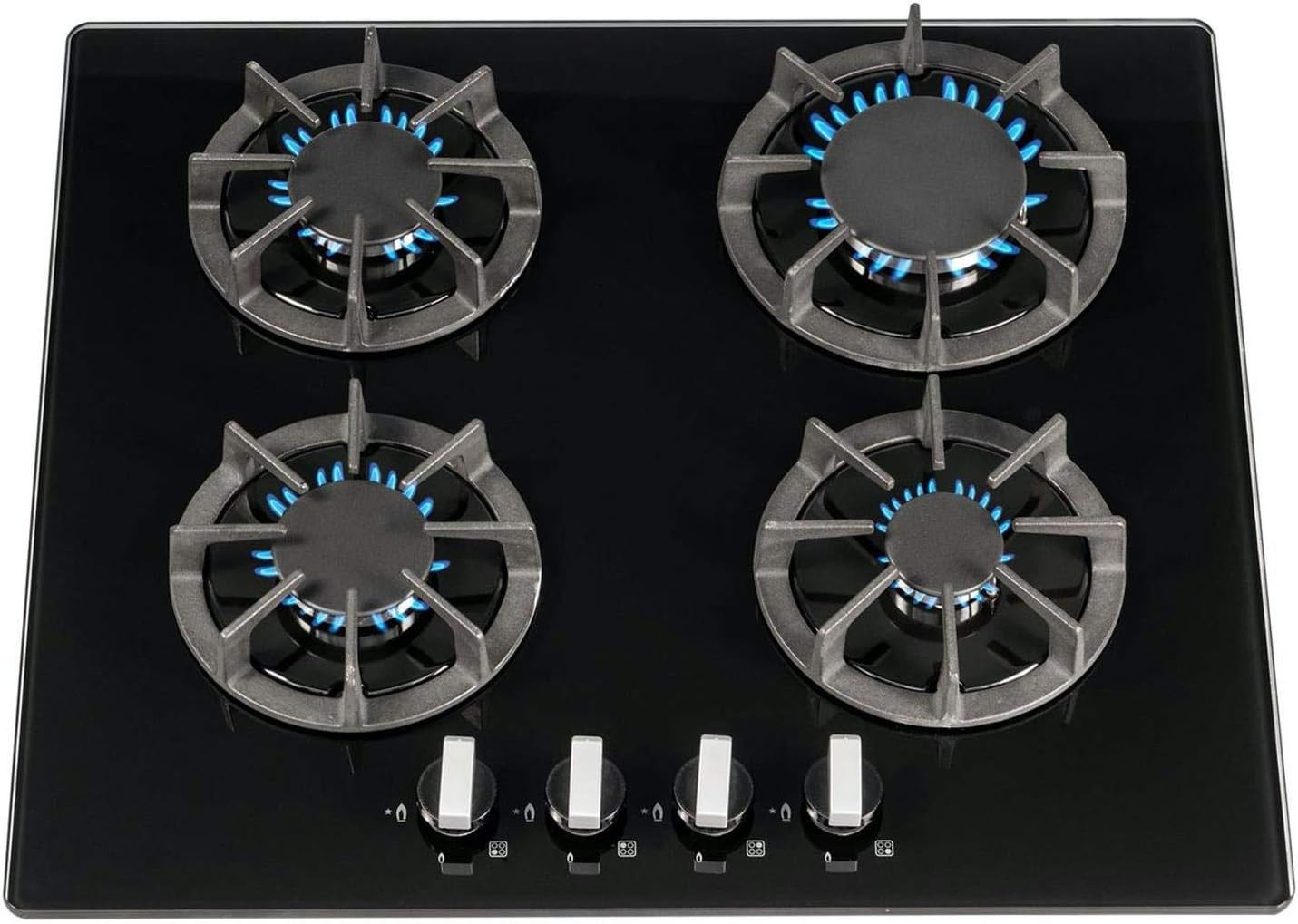 SIA R7 60cm Black 4 Burner Gas On Glass Kitchen Hob With Cast Iron Pan ...