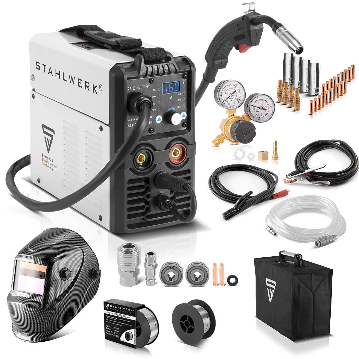 STAHLWERK MIG MAG 160 M Saldatrice IGBT completamente equipaggiata Unità combinata 5 in 1 ...