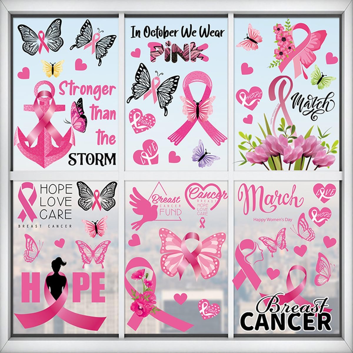 Amazon.com: 9PCS Breast Cancer Awareness Window Clings Pink Ribbon ...