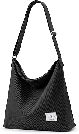 Amazon.com: KALIDI Corduroy Tote Bag for Women Large Black Shoulder Bag Crossbody Zipper Casual ...