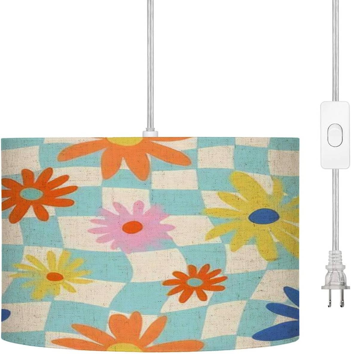 Plug in Pendant Light 1970s Retro Daisy Blue Distorted Checkered Hippie ...