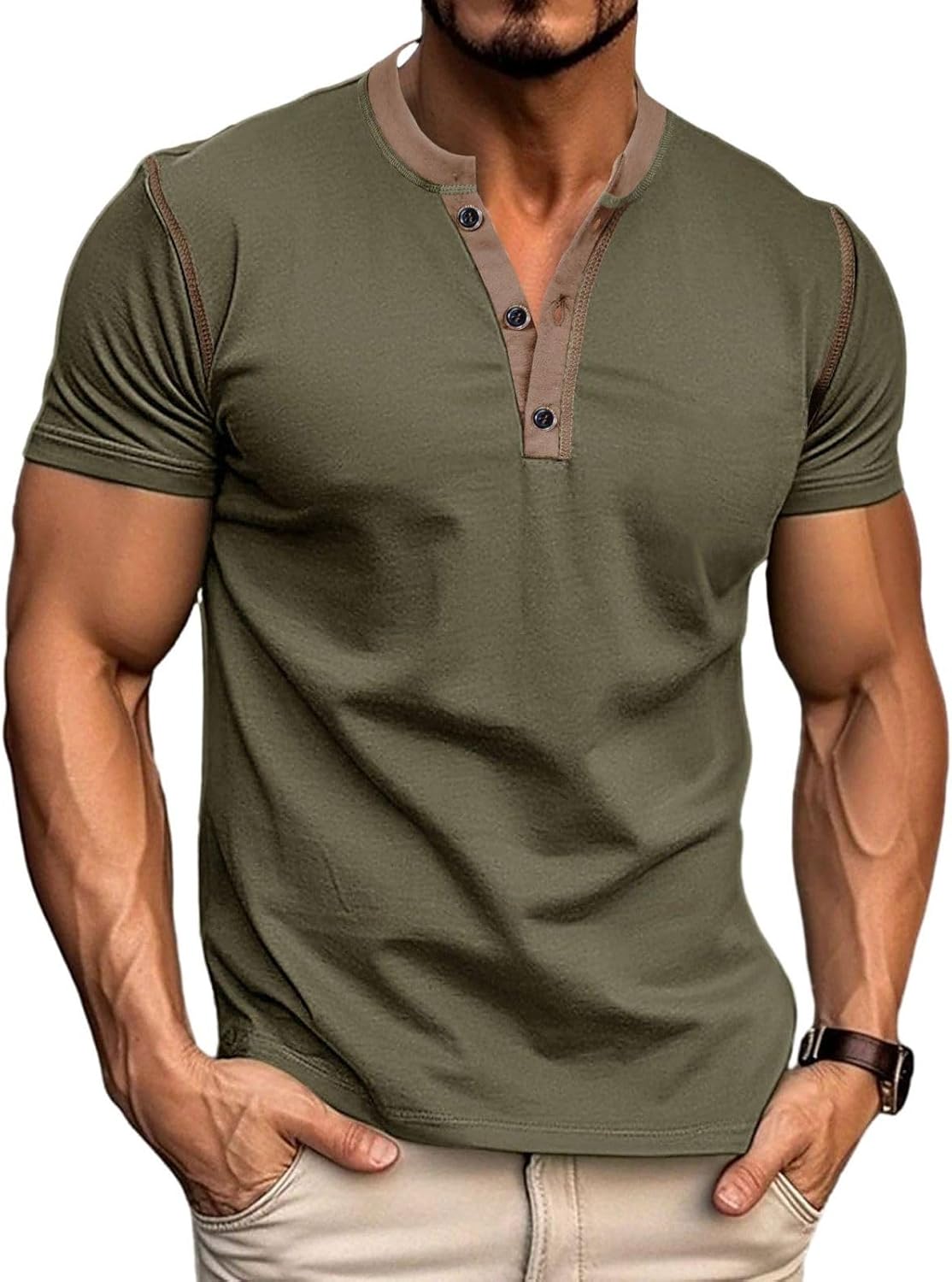 Men's Casual Henley Shirts Classic Button Cotton Short Sleeve T-Shirt Summer Basic Solid ...