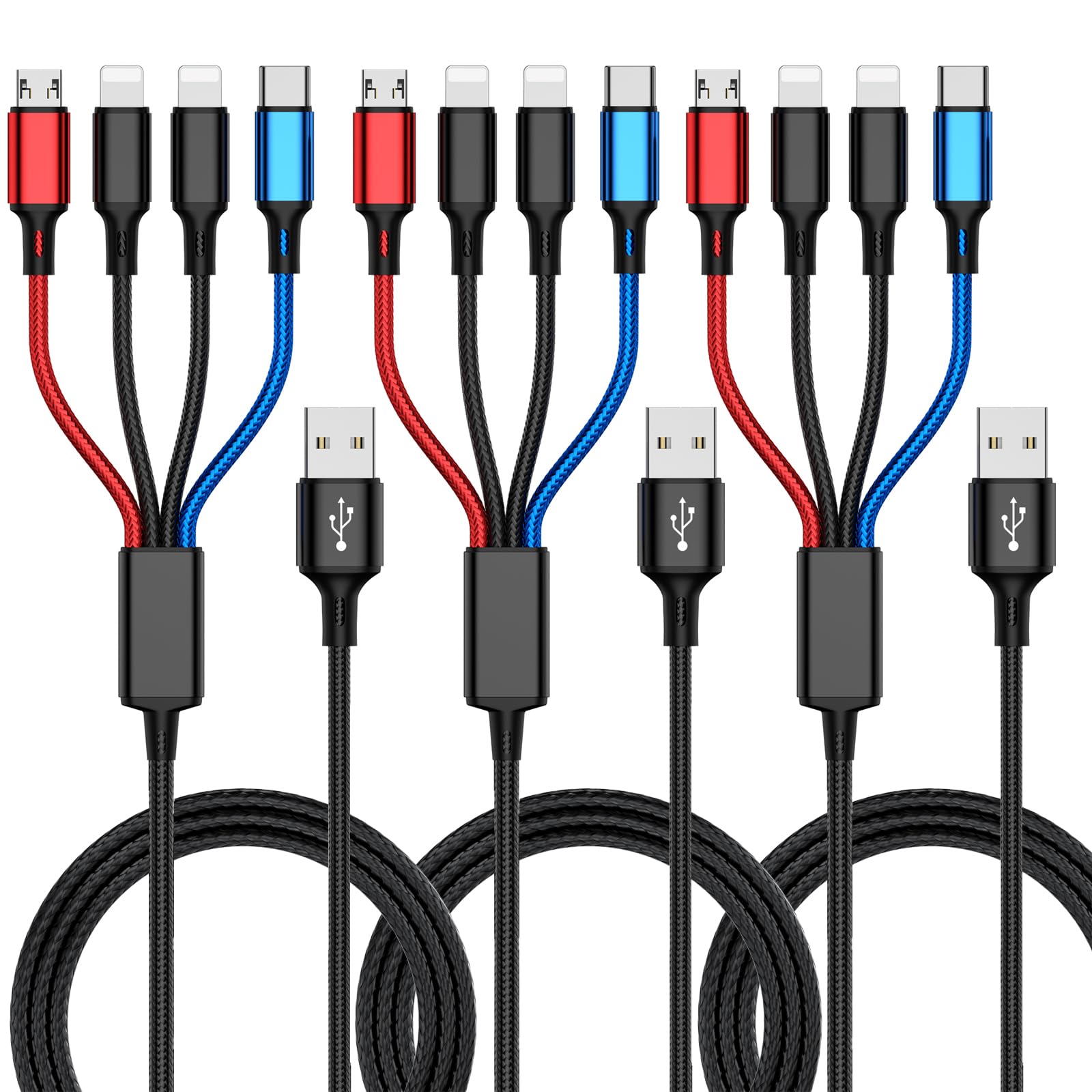[3-Pack] Multi Charging Cable 4-in-1 Multi Charger Cable 4FT Nylon ...