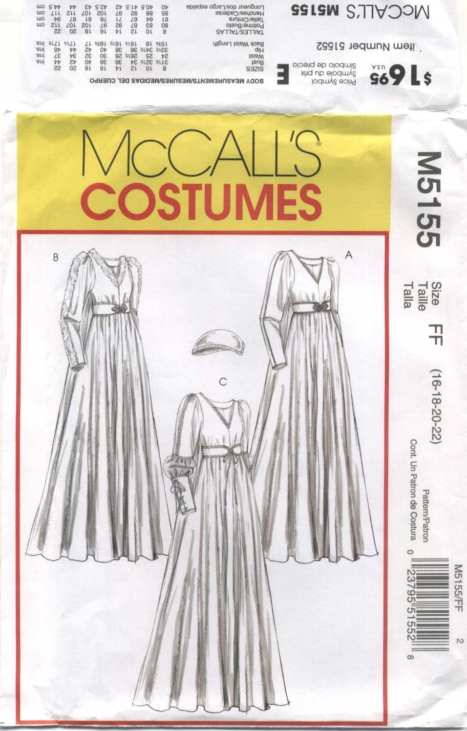 Amazon.com: McCall's Costumes Pattern M5155 Size FF (16-18-20-22 ...