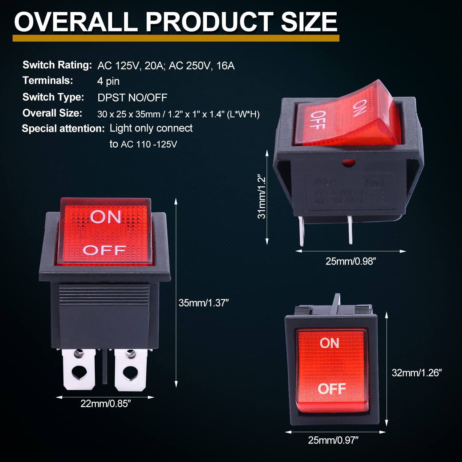 Snapklik.com : 2Pcs KCD2 Rocker Switch ON/Off AC 10A/125V 6A/250V DPST ...