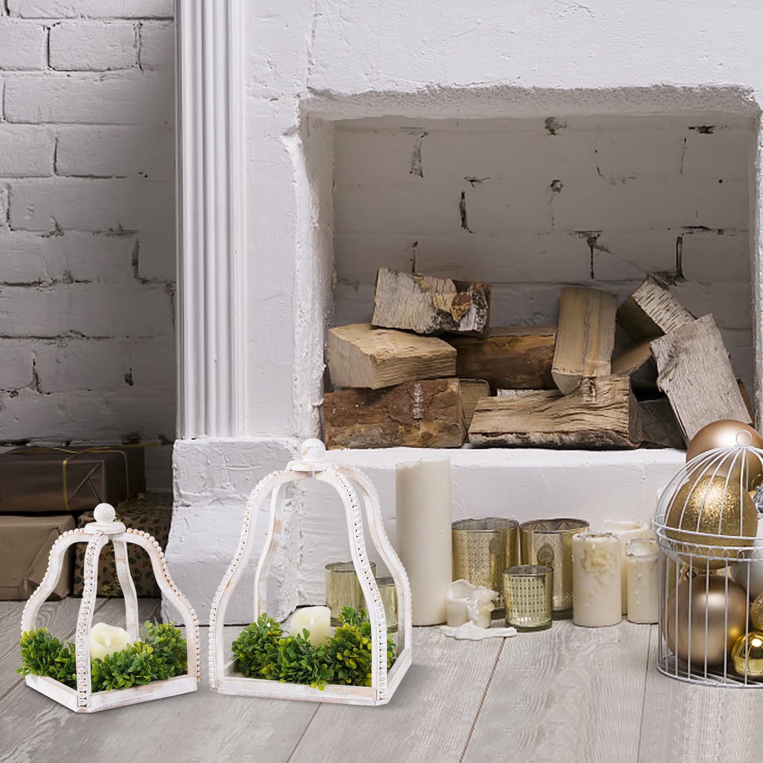 Elyccupa 2 Pack Wood Beaded Lantern Set Vintage Rustic Farmhouse ...