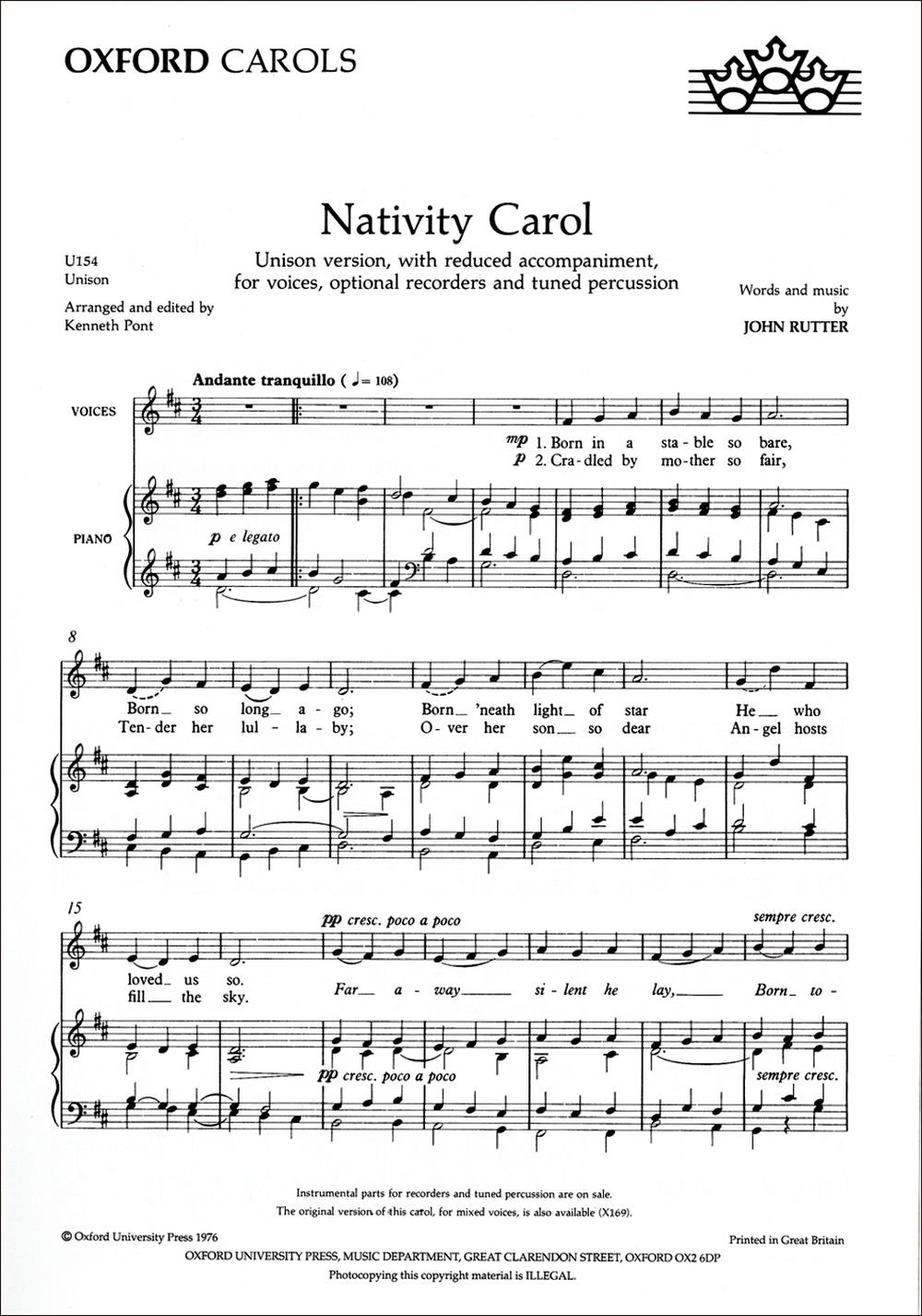 Nativity Carol: Unison vocal score: Amazon.co.uk: Pont, Kenneth, Rutter ...