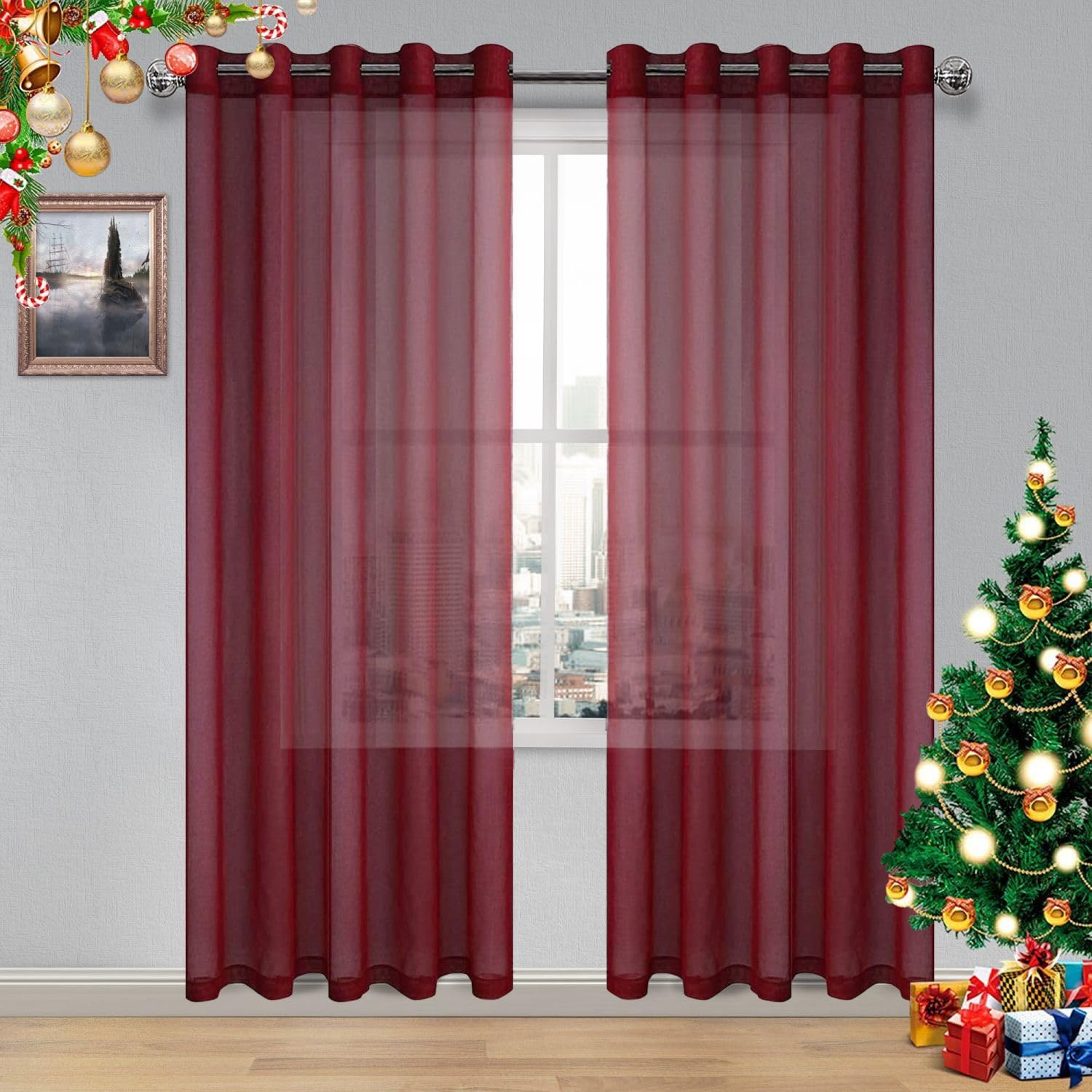 Amazon.com: DWCN Burgundy Sheer Curtains, Faux Linen Grommet Window ...
