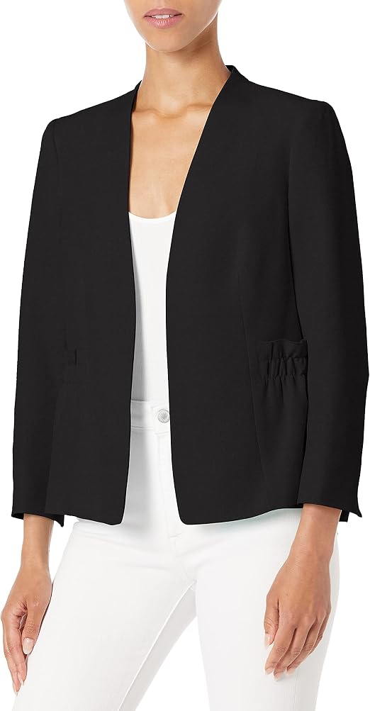 Kasper Women's Stretch Crepe Ruched Waist Open Front Jacket, Black, 6 ...