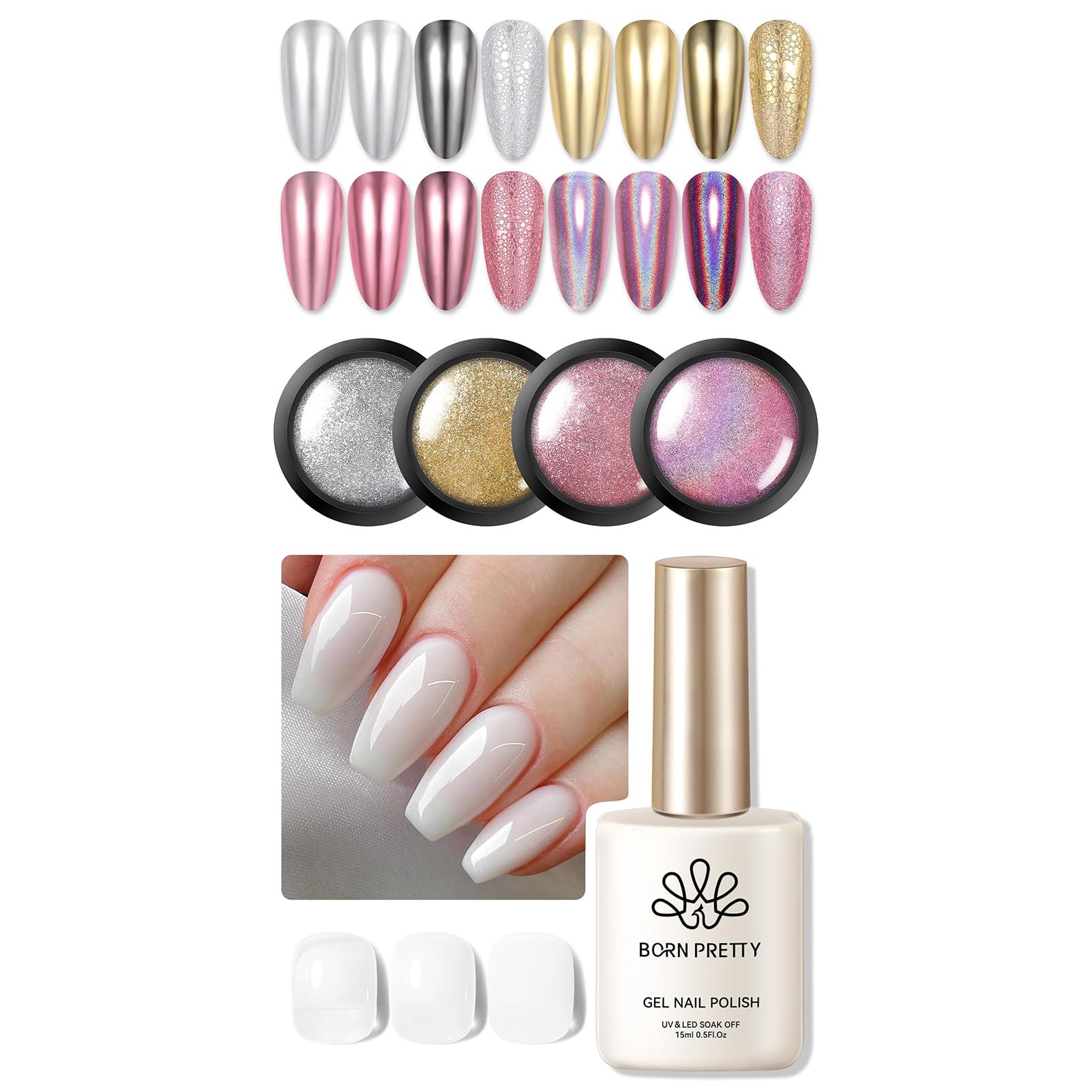 Amazon.com : Born Pretty 15ml Milky Jelly White Gel Nail Polish with 4Pcs Metallic Mirror Chrome ...