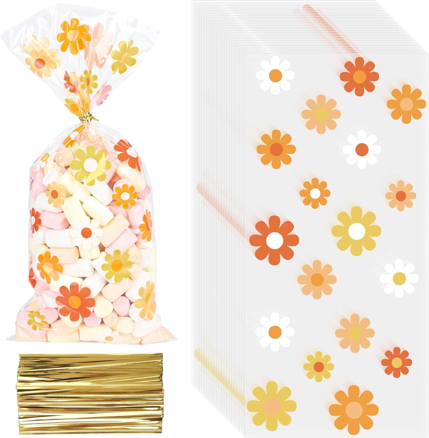 Amazon.com: 100 Count Daisy Candy Bags Boho Groovy Cellophane Bags ...