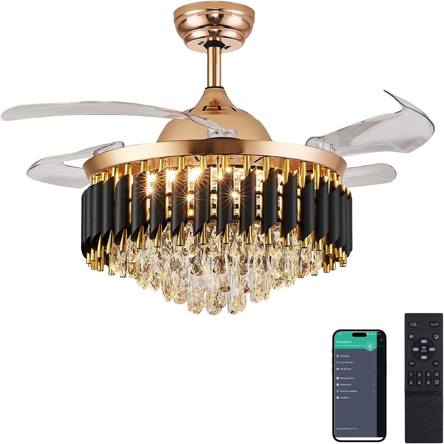 48" Dimmable Gold Fandelier Crystal LED Ceiling Fans with Lights and ...
