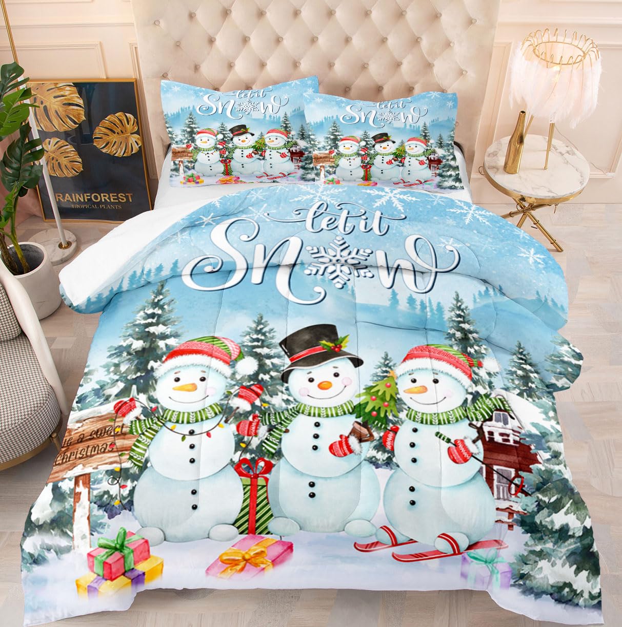 Amazon.com: Yilinata Winter Wonderland Landscape Snowman Comforter Set ...