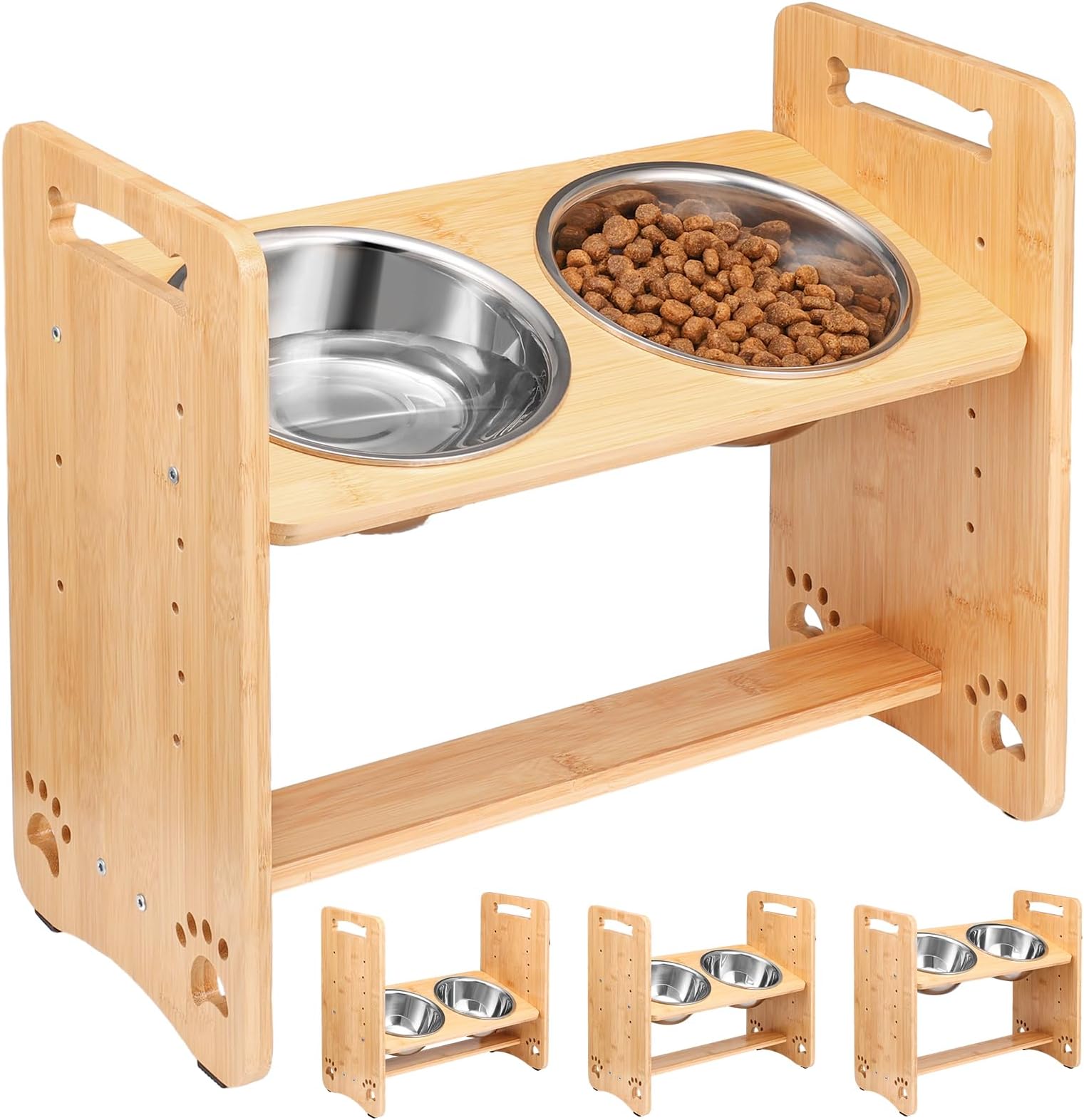 Dog Food Feeding Stand Station Stainless Double Raised Bowls Wooden ...