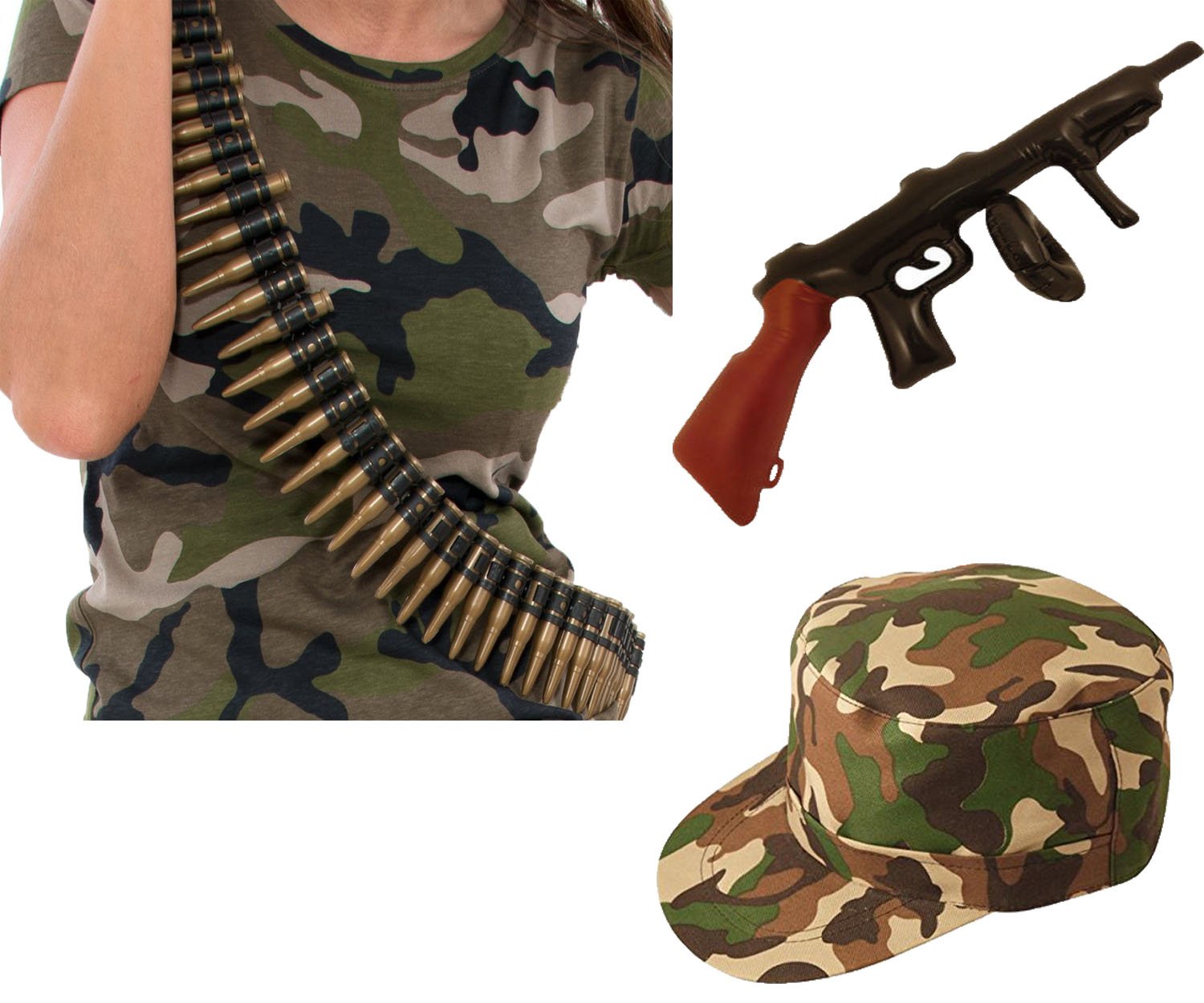 Henbrandt Kids Full Army Set Inflatable Tommy Gun, Bullet Belt & Army ...