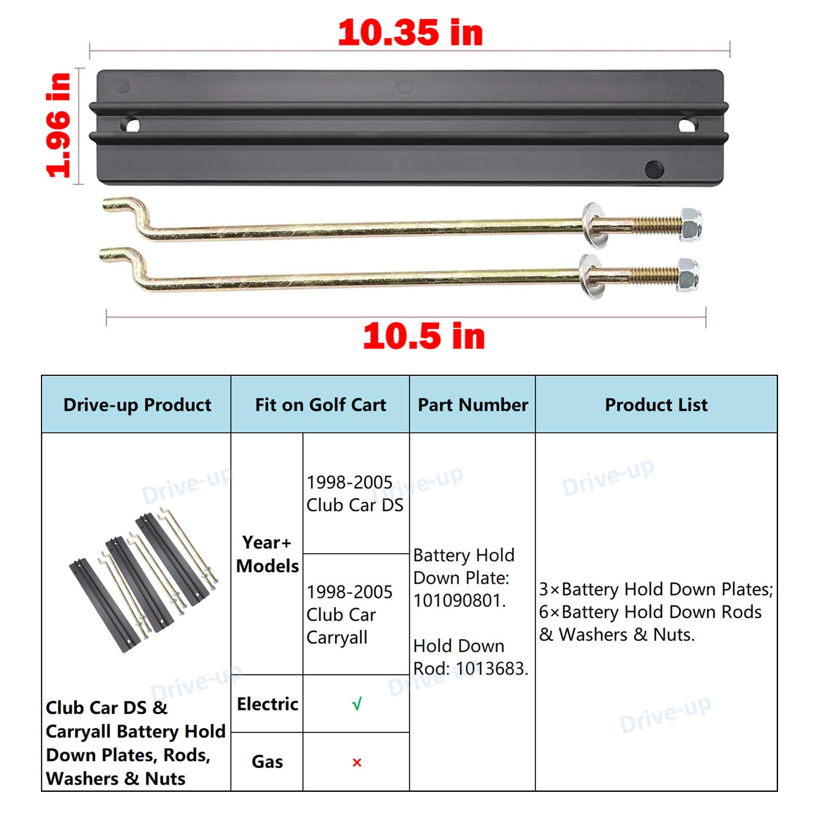 Drive-up Golf Cart Battery Hold Down Plate with Rods Kit for Club Car ...