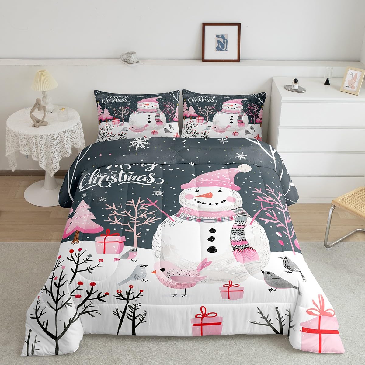 Amazon.com: Cartoon Snowman Comforter Set Queen Size,Snowflake Birds ...