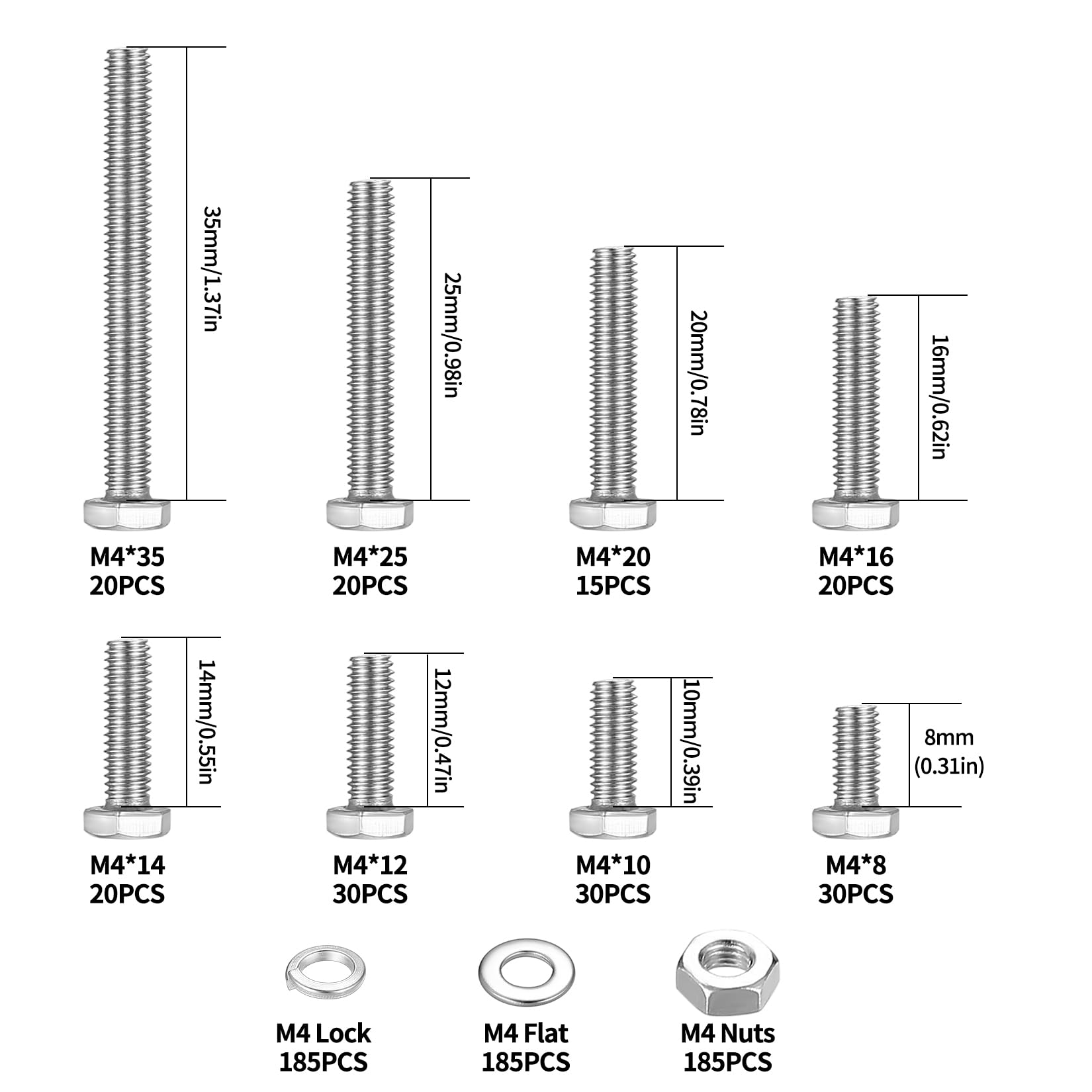 740 Pcs M4 Bolts and Nuts Set, Flat Hex Bolts, M4 Hex Bolts Sets ...