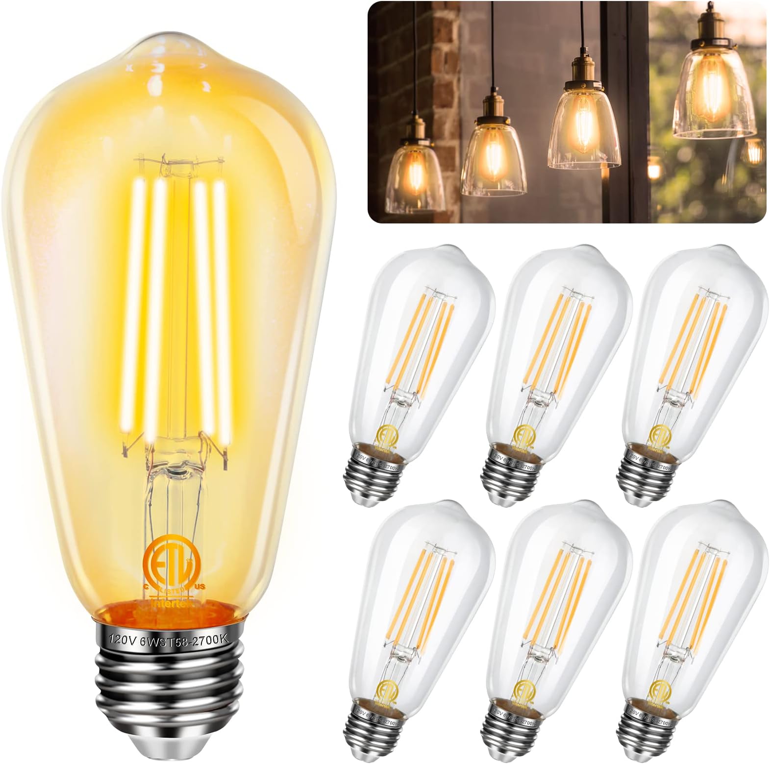 Vicsoon E26 Edison Bulbs 60 Watt Equivalent, 6W Vintage LED Light Bulbs ...