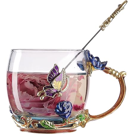 Amazon.com | Tea Cup Glass Coffee Mugs Enamel Rose Flower Butterfly ...