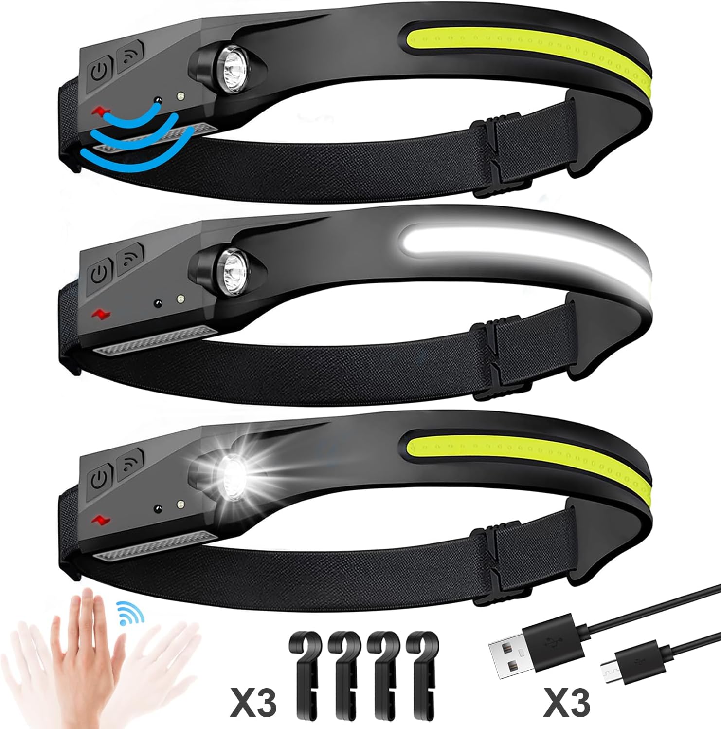 Waterproof Rechargeable Headlamp LED, 3PCS Lampe Frontale 230° Wide ...