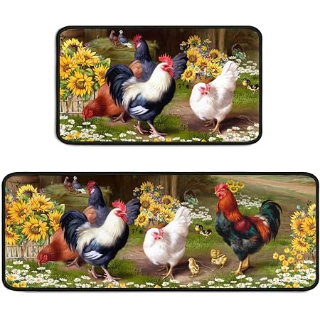 Amazon.com: Rooster Kitchen Rug Decor 2 Pieces Set Farmhouse Style ...