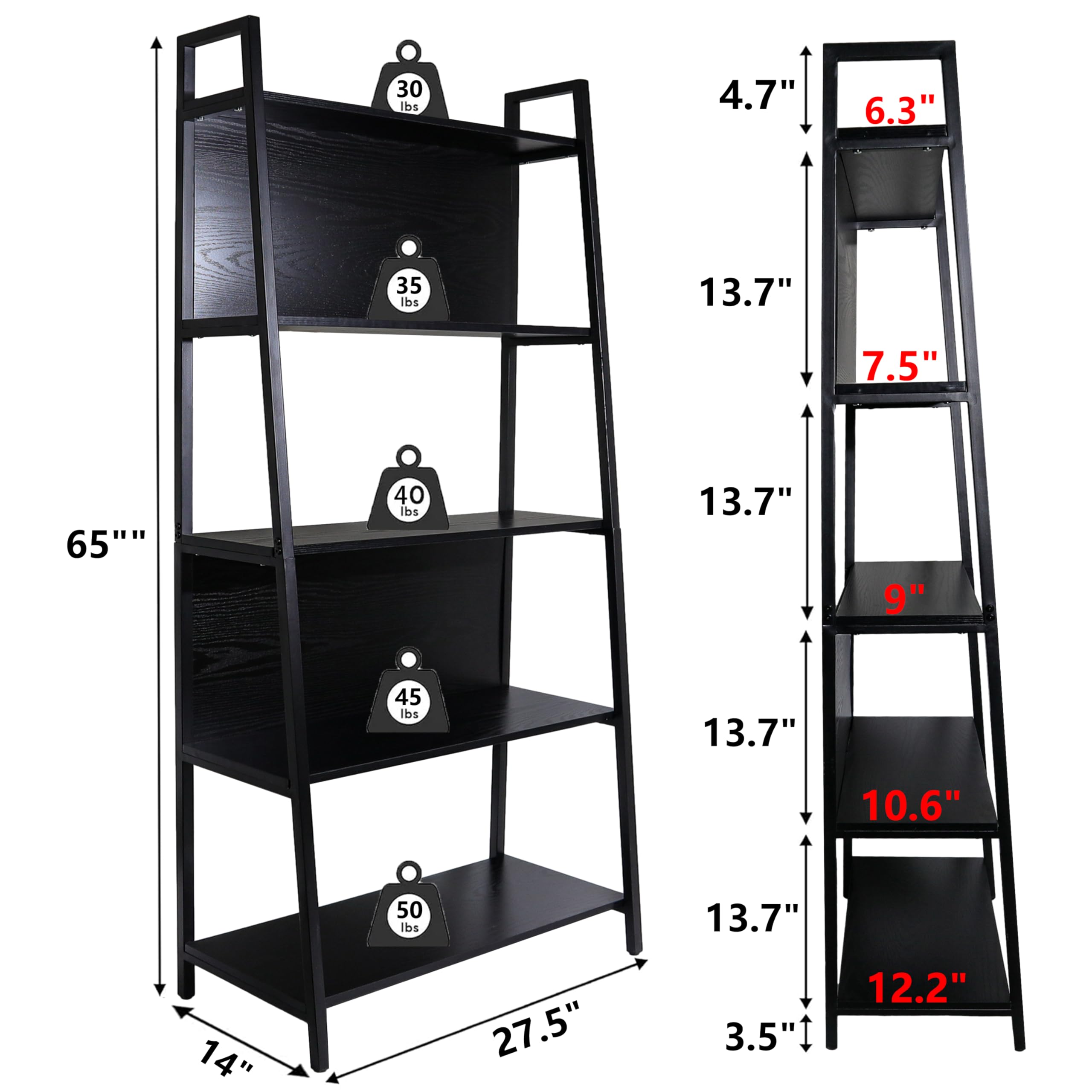 Snapklik.com : Black Ladder Bookshelf 5-Tier, Metal Book Shelf Large ...