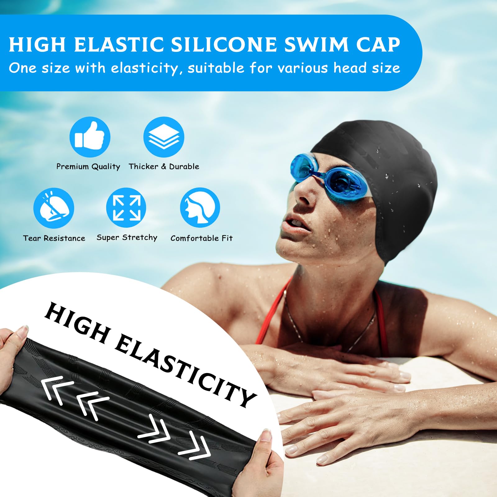 Ear Plugs For Swimming Silicone Swim Caps 2-Pack For Long Hair ...
