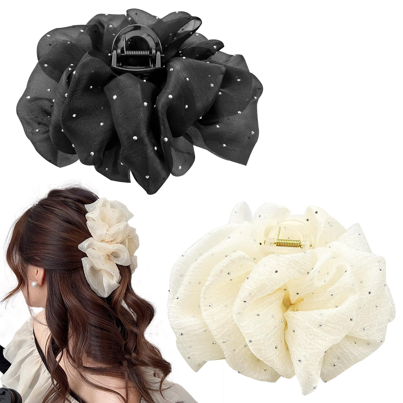 2 PCS Rhinestone Bow Cloud Bubble Hair Clips,with Big Large Satin Bow ...