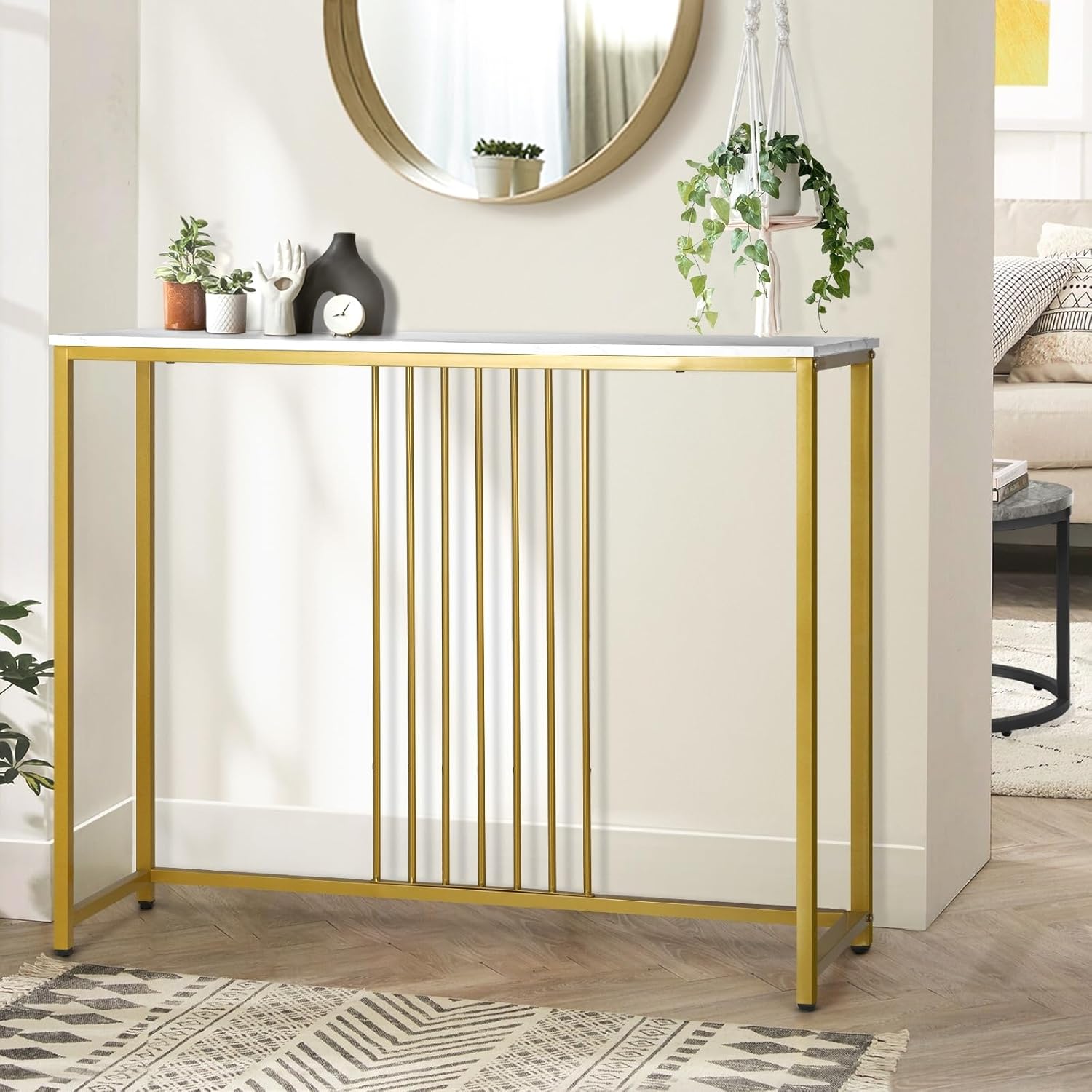 Oikiture Hallway Table Console Table with Marble Tabletop and Steel ...