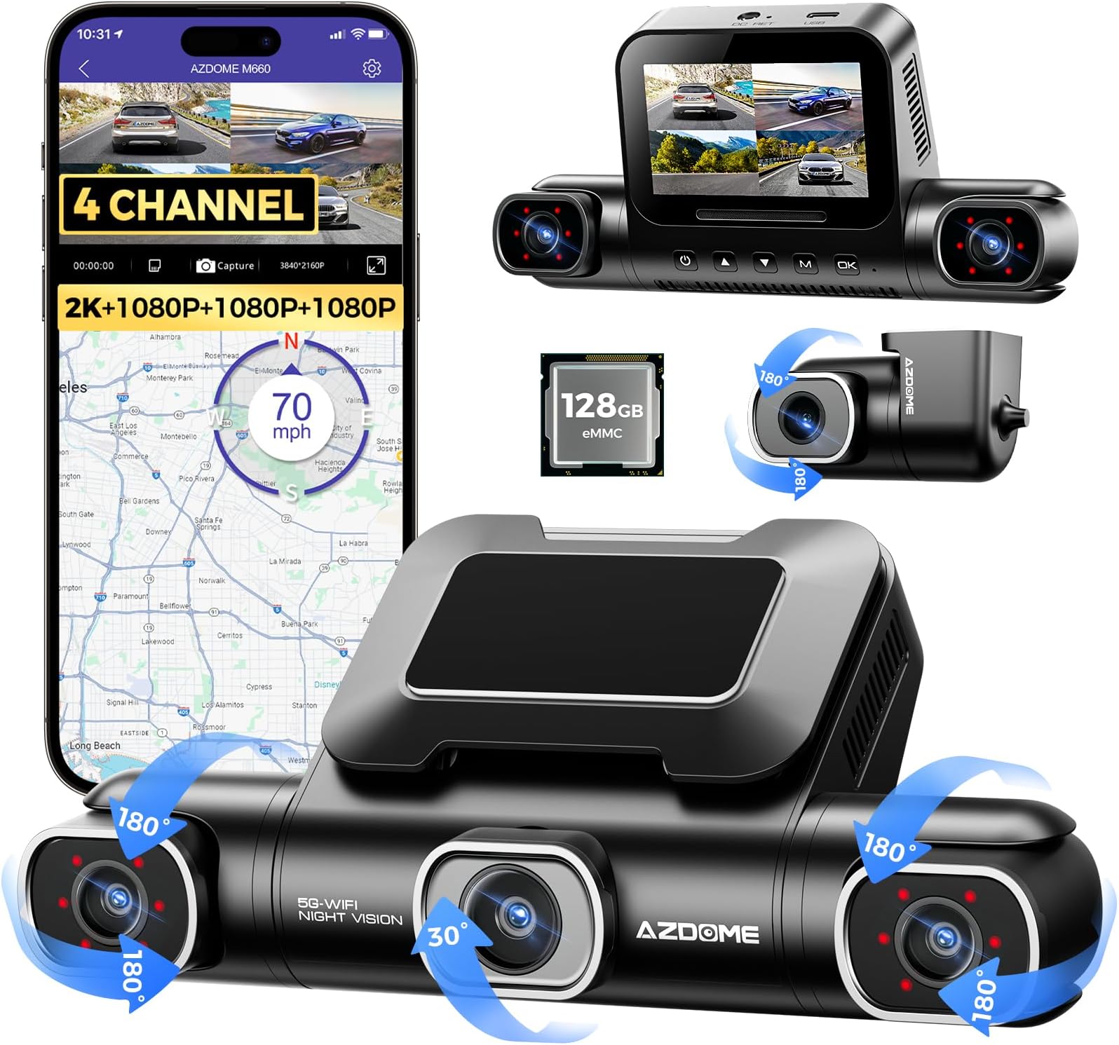 Amazon.com: AZDOME 360° 4 Channel Dash Cam, Built-in 128GB eMMC, 2K ...