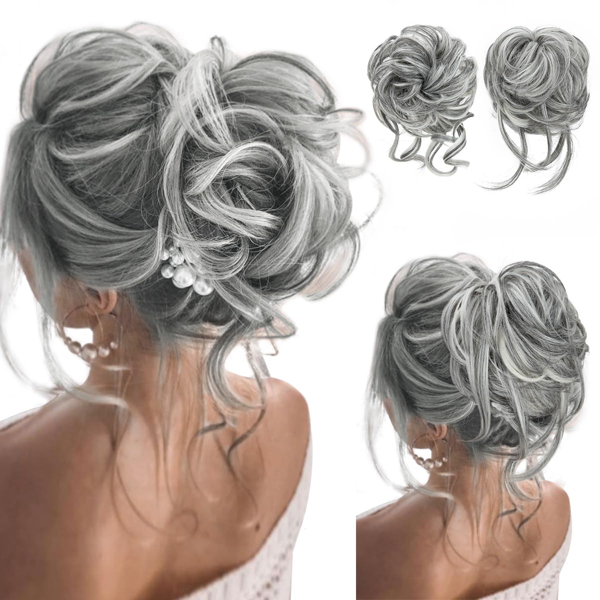 Amazon.com : SARLA 2PCS Grey Messy Bun Hair Pieces for Women Wavy Curly Synthetic Hairpieces for ...