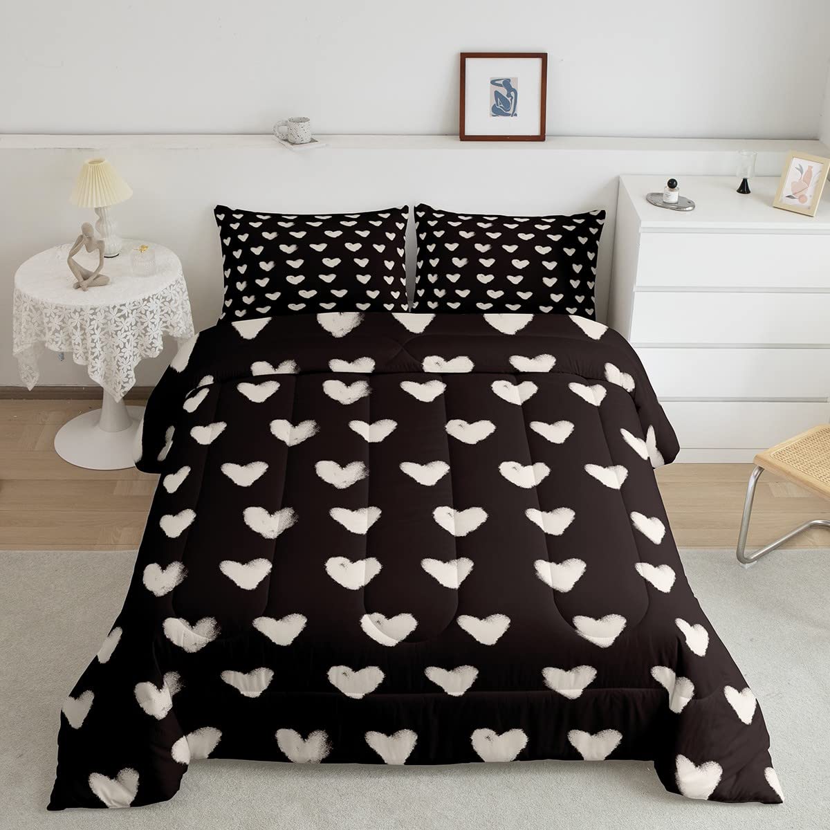 Amazon.com: Black White Comforter Set Twin Size Cute Heart Pattern ...
