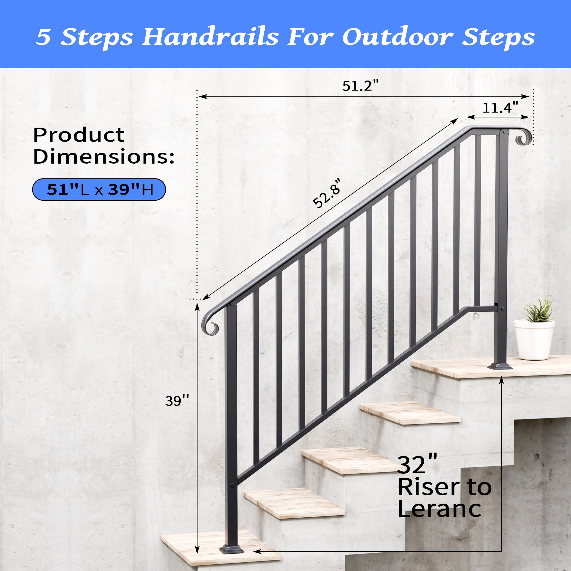 Snapklik.com : 2 Pack 5 Step Handrails For Outdoor Steps, Wrought Iron ...