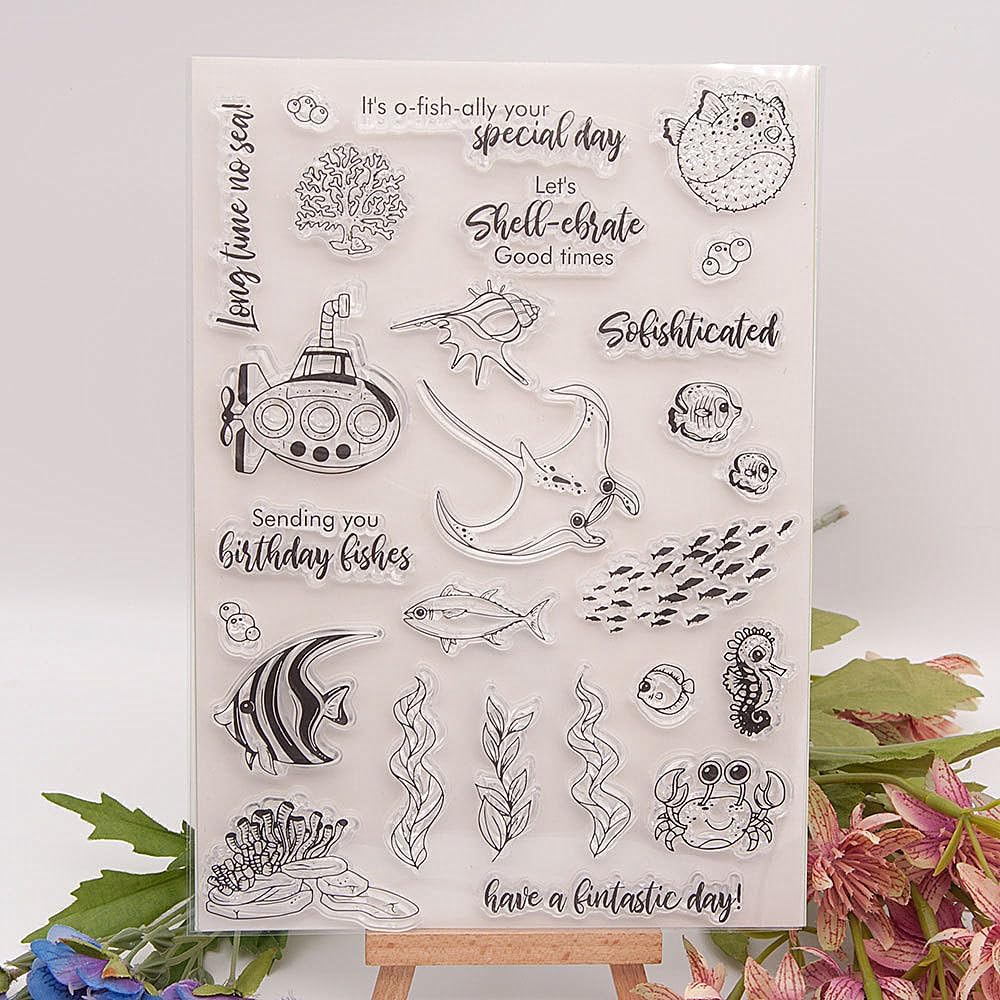 Amazon.com: Seaweed Coral Pufferfish Fish Crab Pattern Clear Stamps ...