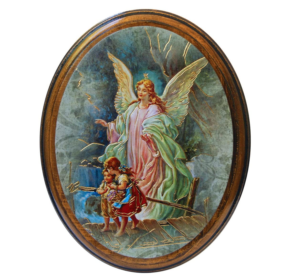 Amazon.com : Guardian Angel Oval Antiqued Wood Plaque Wall Art Décor ...
