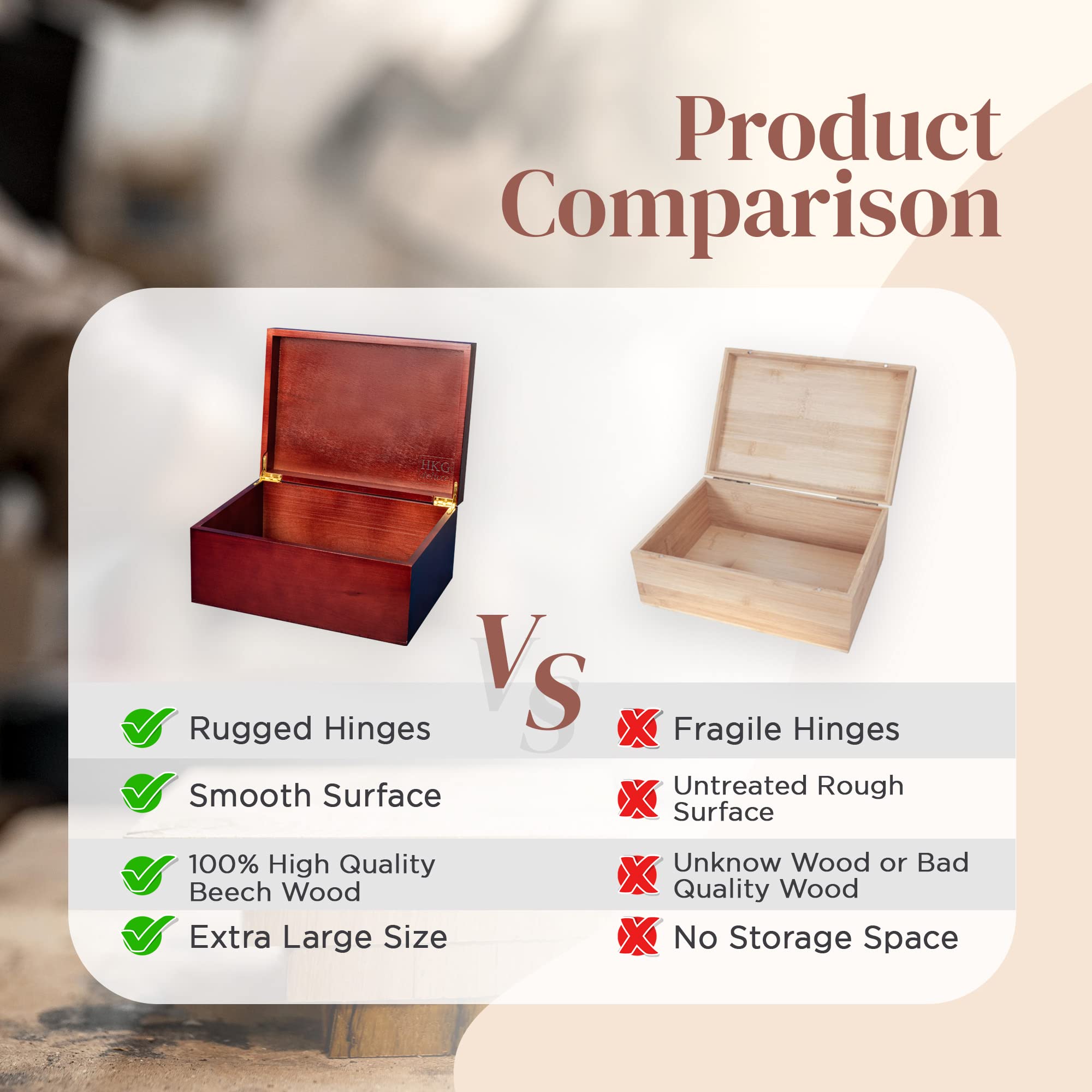 HKG Deluxe- Large Memory Wooden Box with Hinged Lid Beech Wood 11'5x8 ...