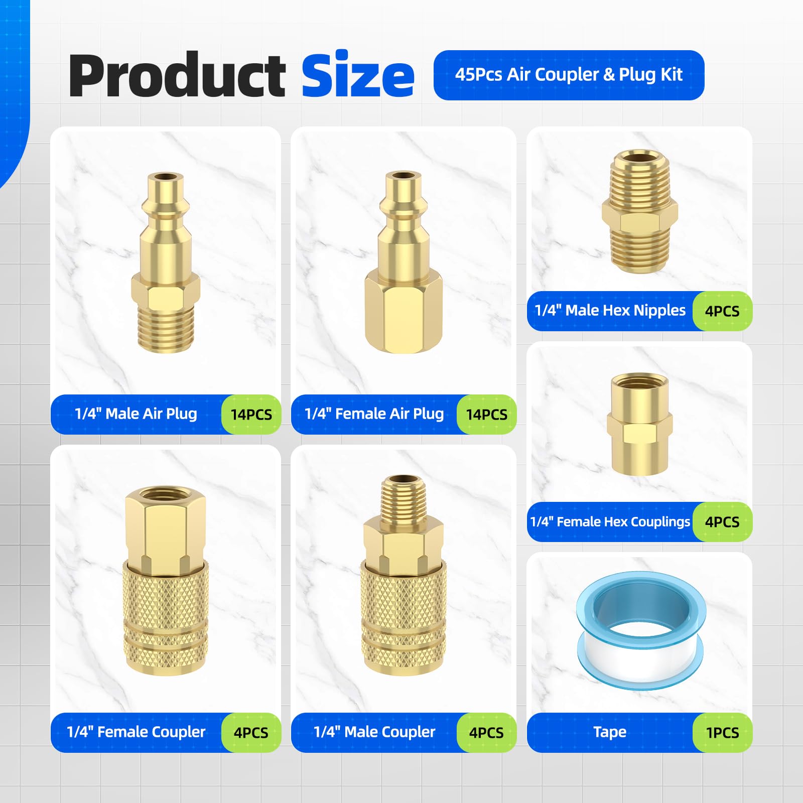 Snapklik.com : 45Pcs Air Coupler & Plug Kit, 1/4" NPT Air Hose Fittings Set, Brass Air Tool ...