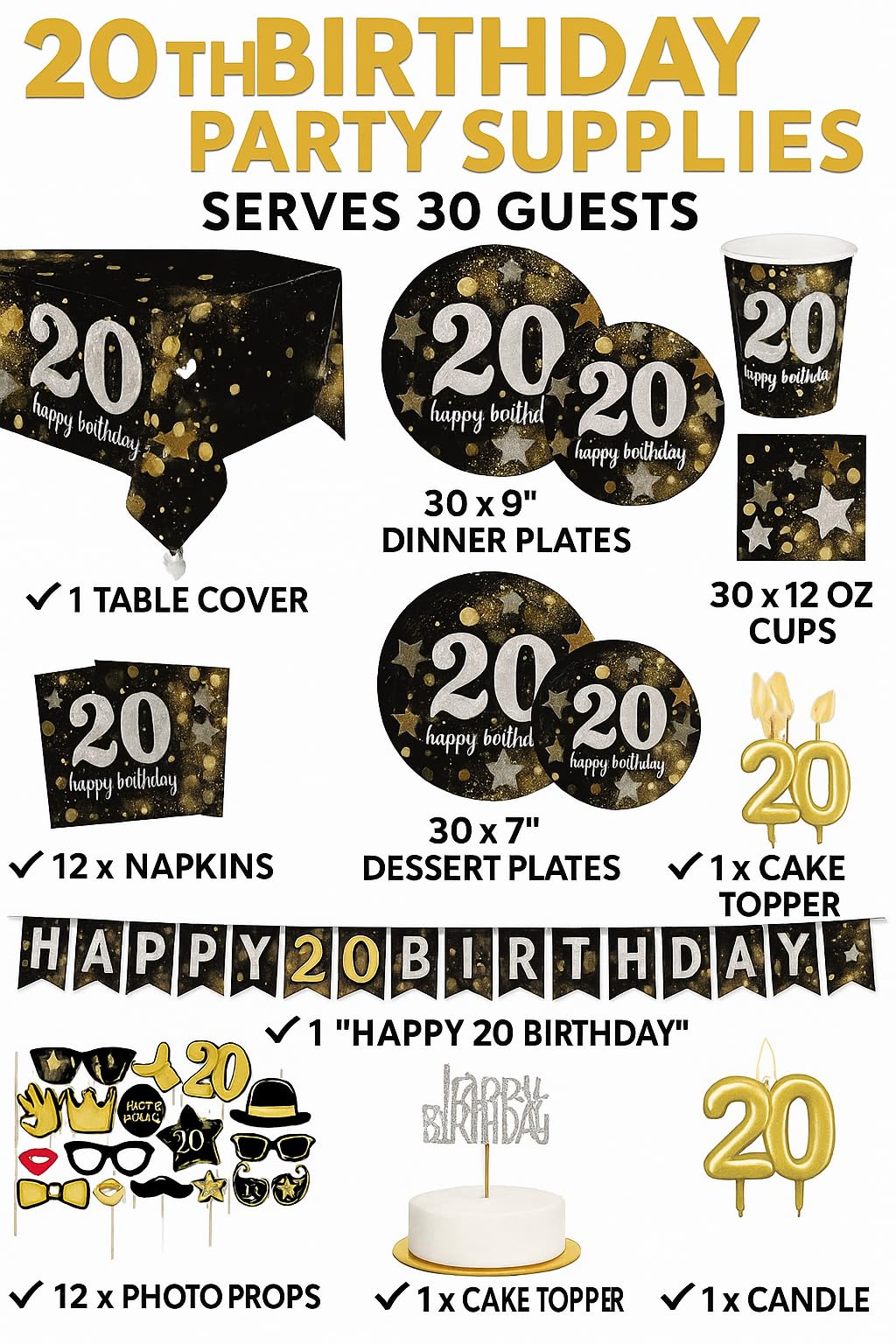 Snapklik.com : 20th Birthday Party Supplies For 30 Guests Complete Pack
