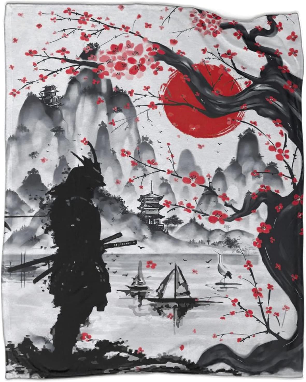 Amazon.com: Retro Japanese Throw Blanket,Watercolor Ink Samurai Red Sun ...