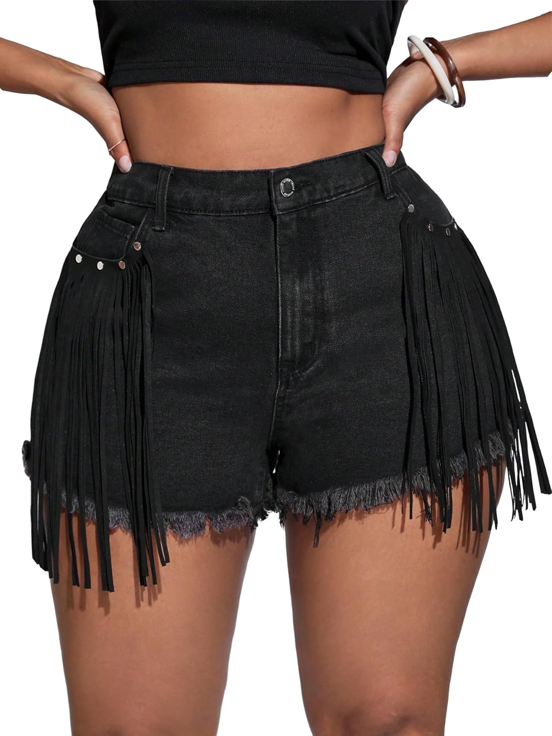 WDIRARA Women's Plus Size Fringe Trim High Waisted Raw Hem Straight Leg ...