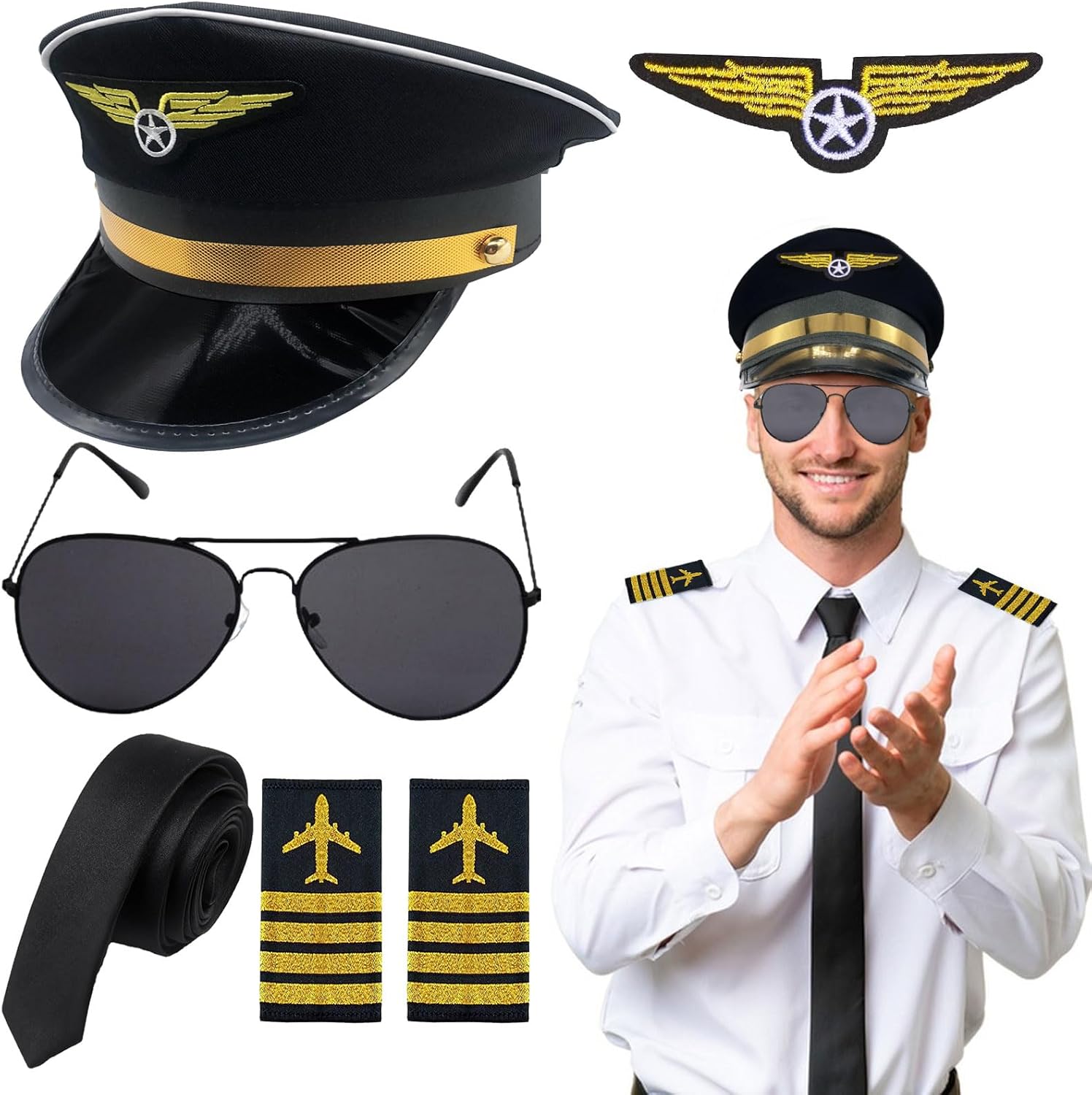 Beamely 5Pcs Airline Pilot Captain Hat Costume Accessories Set, Pilot ...