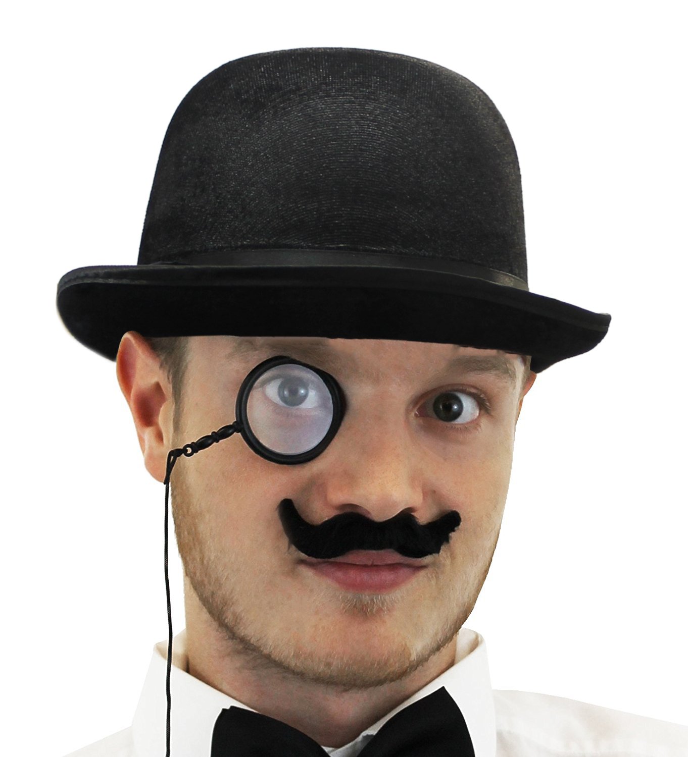 BANKER SET BOWLER HAT + MONOCLE + MOUSTACHE FANCY DRESS ACCESSORY SET ...