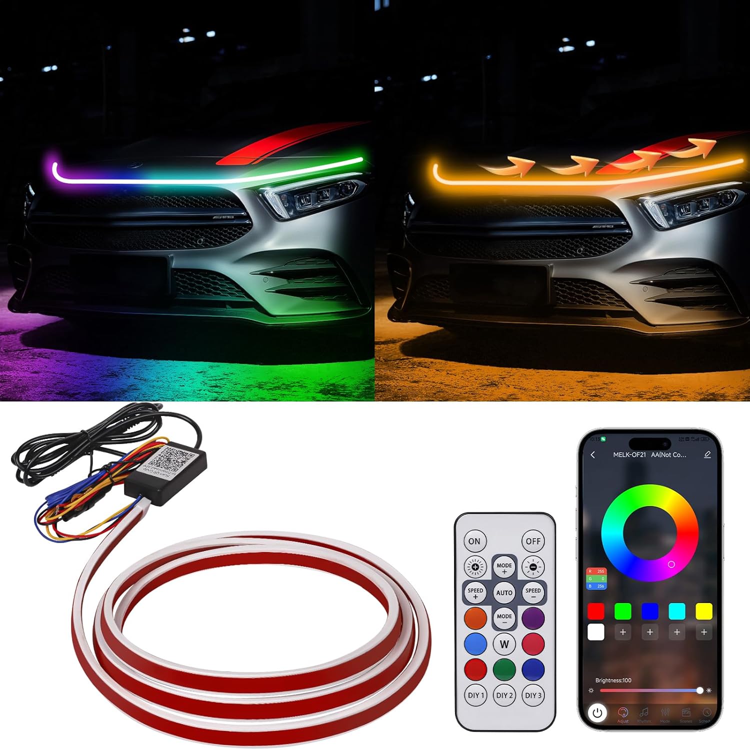 Amazon.com: HConce 71 Inches RGB Multicolor Dynamic Scanning Starter Hood Lights, Car LED Hood ...