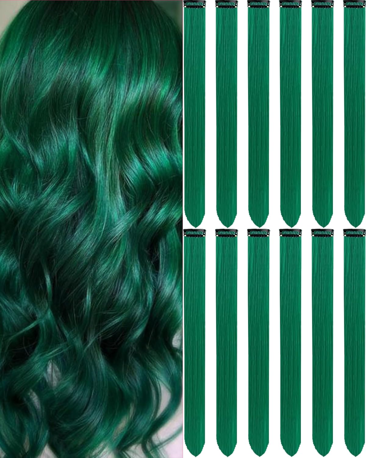 Amazon.com : Olldag 12 PCS Dark Green Clip-In Straight Hair Extensions ...